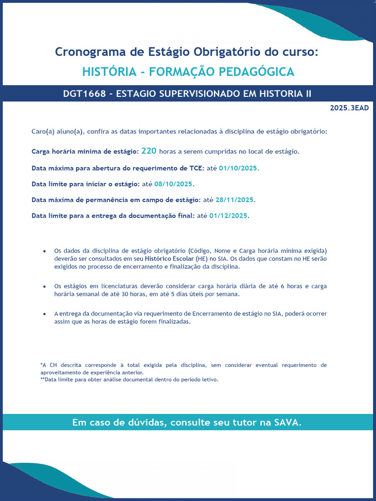 Cronograma de Est Gio Em Hist Ria Forma o Pedag Gica Dgt1668-3 | PDF