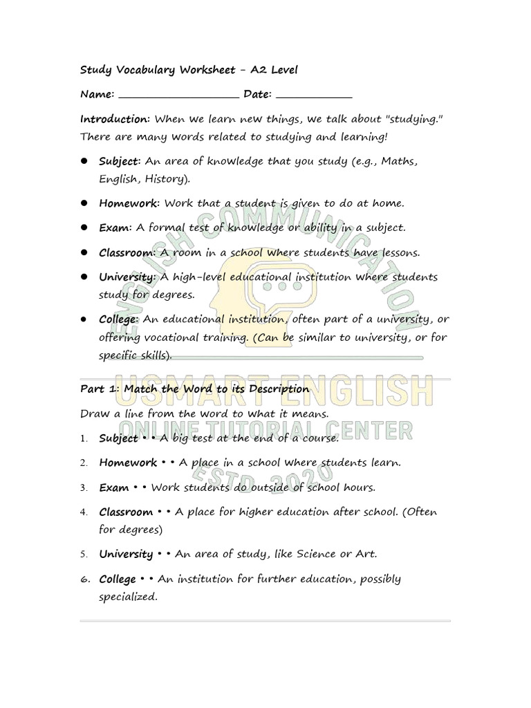 Study Vocabulary Worksheet | PDF | Schools | Homework