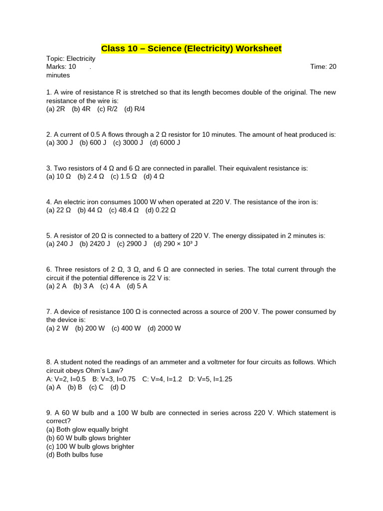Class 10 Electricity Worksheet Answers | PDF | Series And Parallel ...