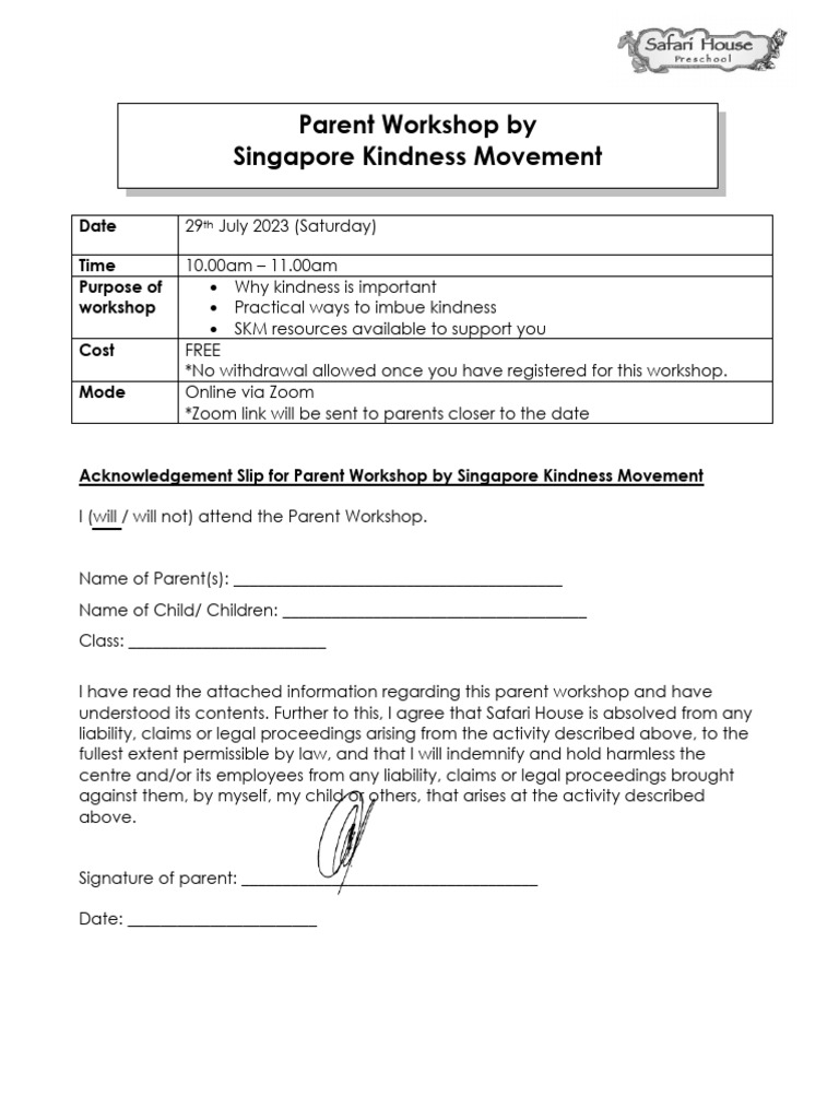 Acknowledgement Form To Parents - Parent Workshop by Singapore Kindness Movement 2023 | PDF