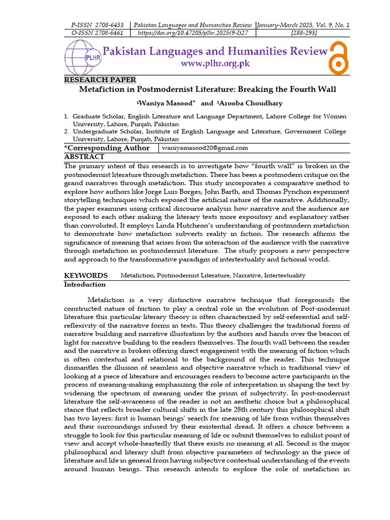 Metafiction in Postmodernist Literature: Breaking The Fourth Wall | PDF ...
