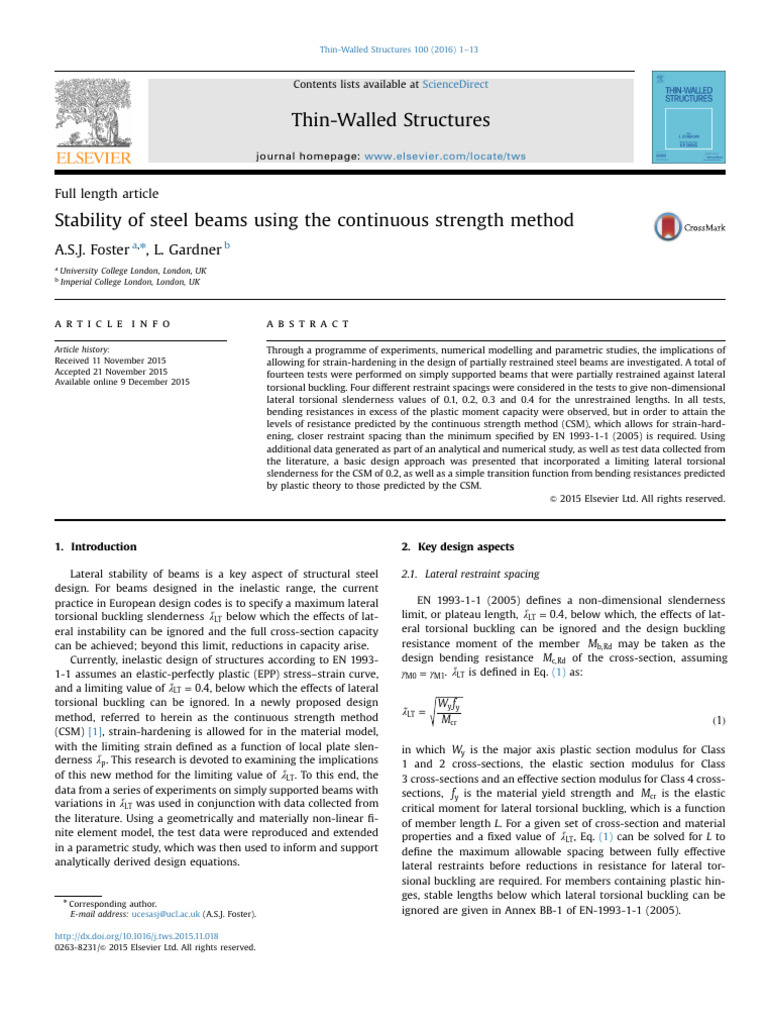 Stability of Steel Beams Using The Continuous Strength Method | PDF ...