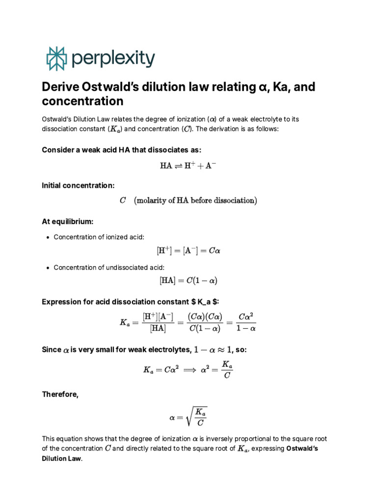 Derive Ostwald's Dilution Law Relating α, Ka, And | PDF