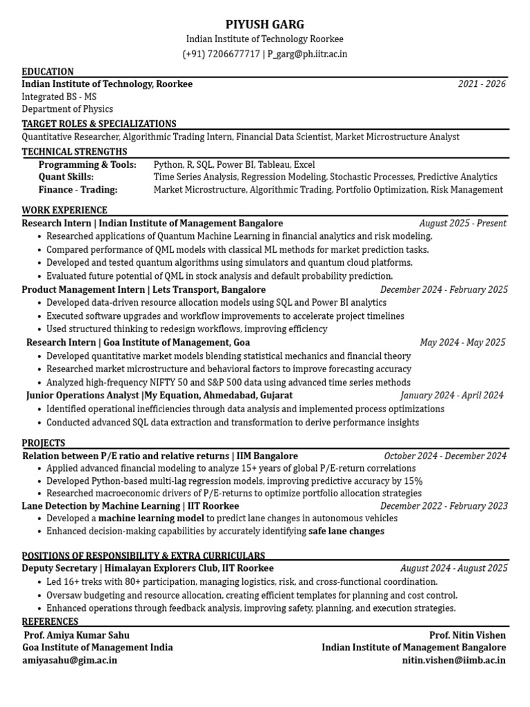 Quantitative Researcher Resume 2023 | PDF | Analytics | Applied Mathematics