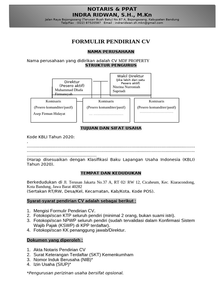 Form Pendirian CV | PDF