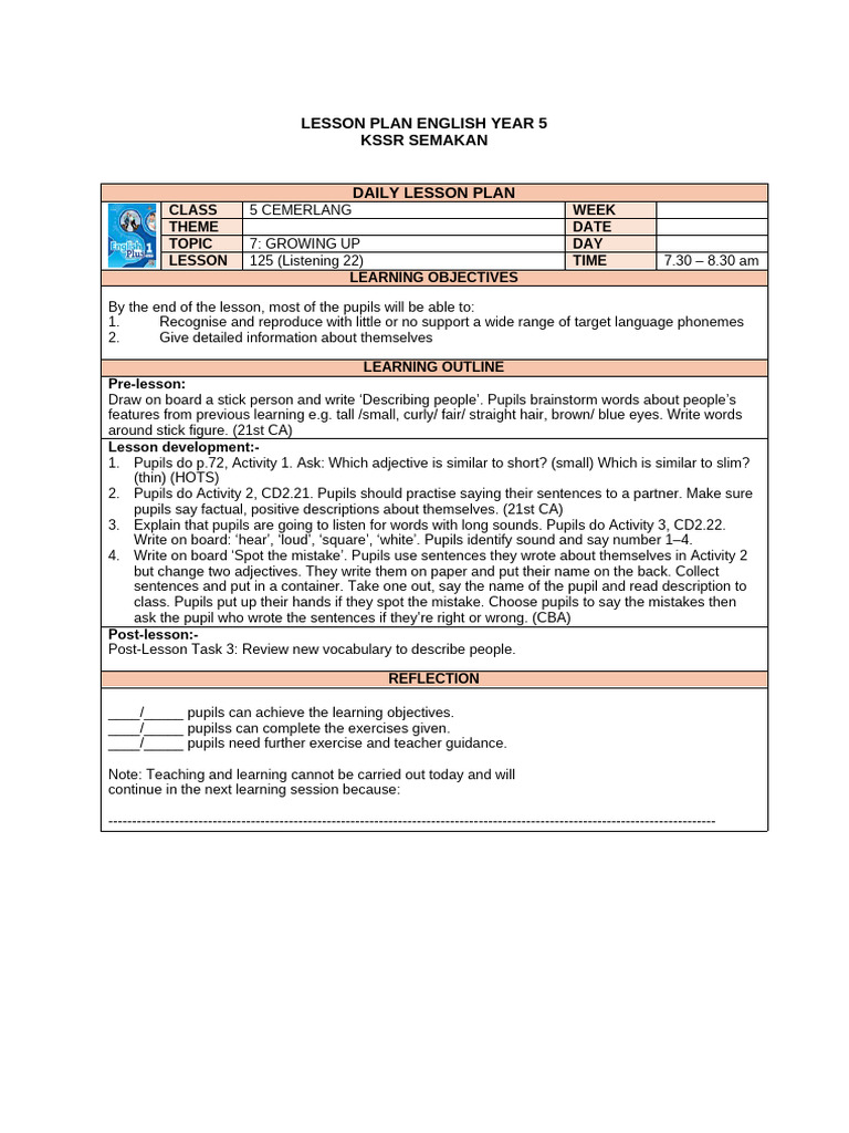 Year 5 English Lesson Plan: Growing Up | PDF | Lesson Plan | English ...