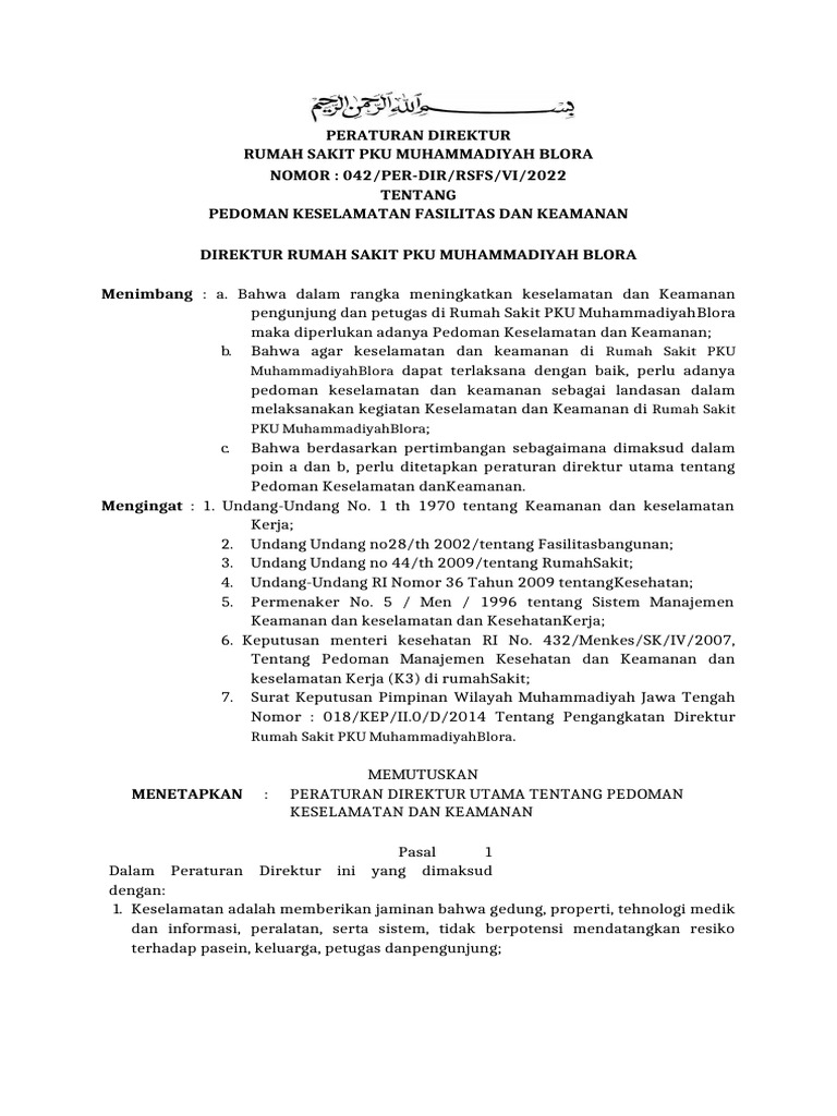 Pedoman Keselamatan RS PKU Blora | PDF
