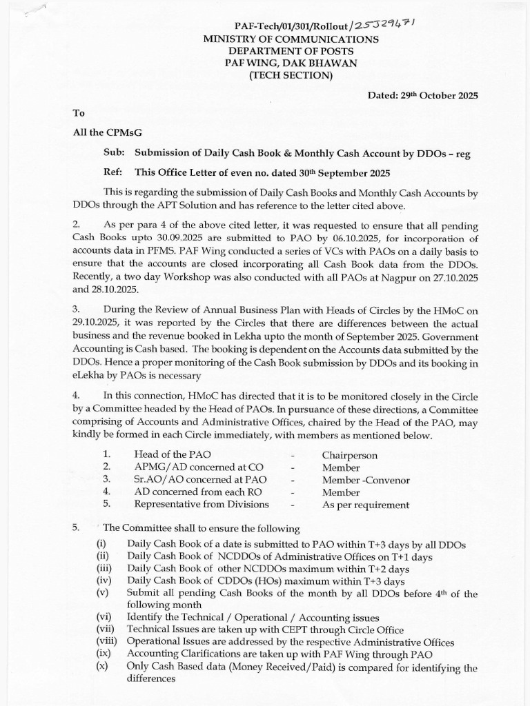 Submission of Daily Cash Book & Monthly Cash Account by DDOs 29.10.2025 ...