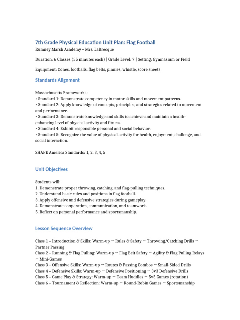 7th Grade PE Flag Football Unit Plan | PDF | Learning | Cognition