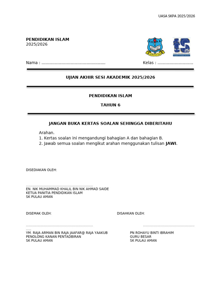 Muka Depan Upsa Pendidikan Islam Tahun 6 | PDF