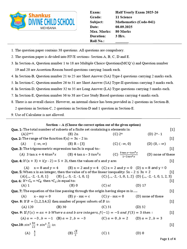 Grade 11 - Mathematics - Half Yearly Exam | PDF | Multiple Choice | Mathematical Objects