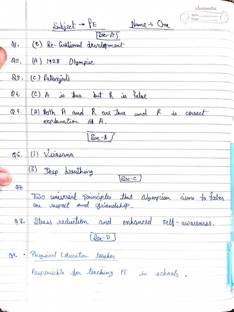 Om Chaudhari PE Answersheet Class 11 | PDF