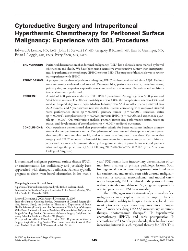 Cytoreductive Surgery and Intraperitoneal | PDF | Chemotherapy ...