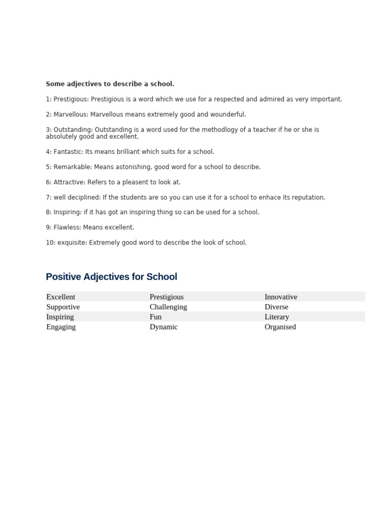 Some Adjectives To Describe A School | PDF