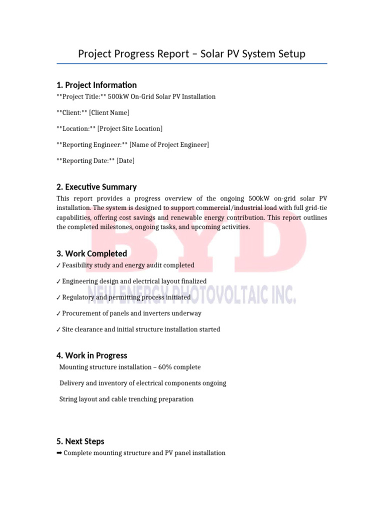 500kW Solar PV Installation Progress Report | PDF