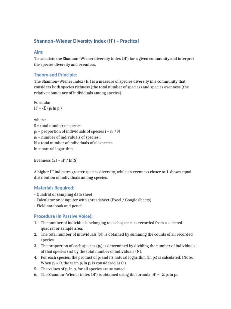 Shannon Wiener Index Practical | PDF