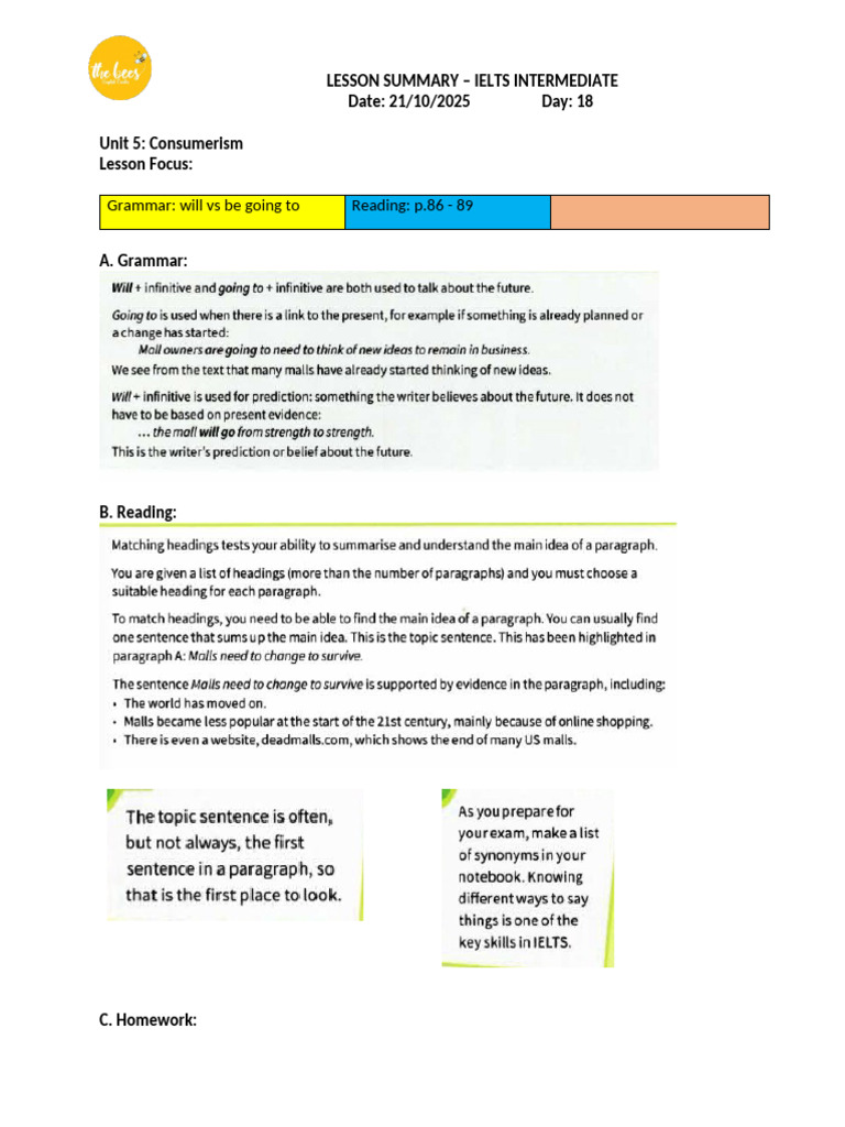 IELTS Intermediate Lesson 18 Summary | PDF