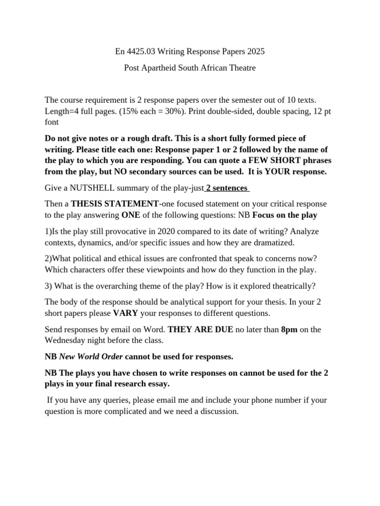 Writing Response Papers for South African Theatre | PDF