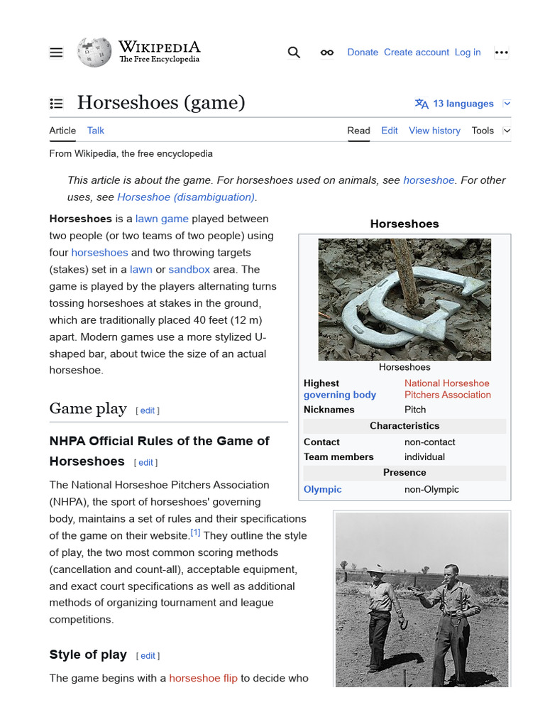 En Wikipedia Org Wiki Horseshoes (Game) | PDF | Throwing | Games Of Physical Skill