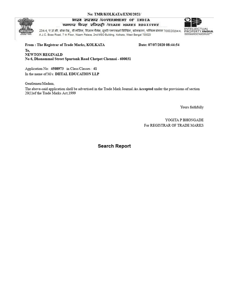 TRADE MARK Examination Report | PDF