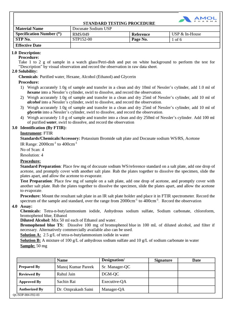 Docusate Sodium USP Testing Procedure | PDF | Dimethyl Sulfoxide | Ethanol