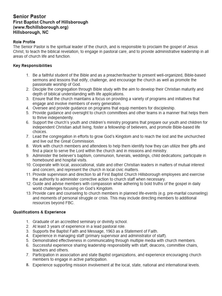 FBC Hillsborough Senior Pastor Job Description | PDF | Christian Church ...