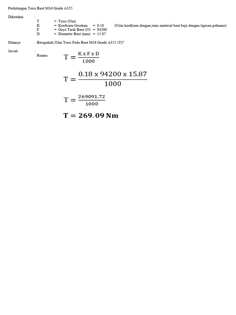 Torsi Baut M16 Grade A325: 269.09 Nm | PDF