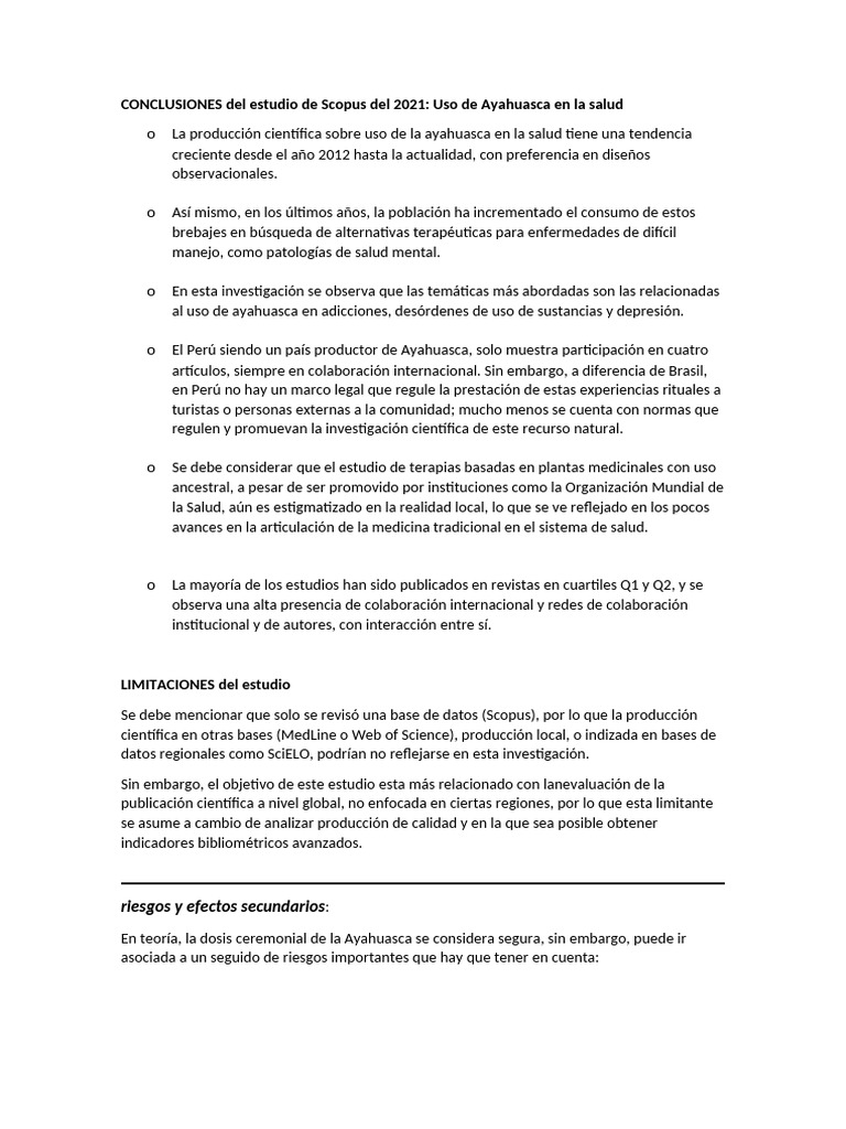 CONCLUSIONES Del Estudio de Scopus Del 2021 Ayahuasca | PDF | Ayahuasca ...