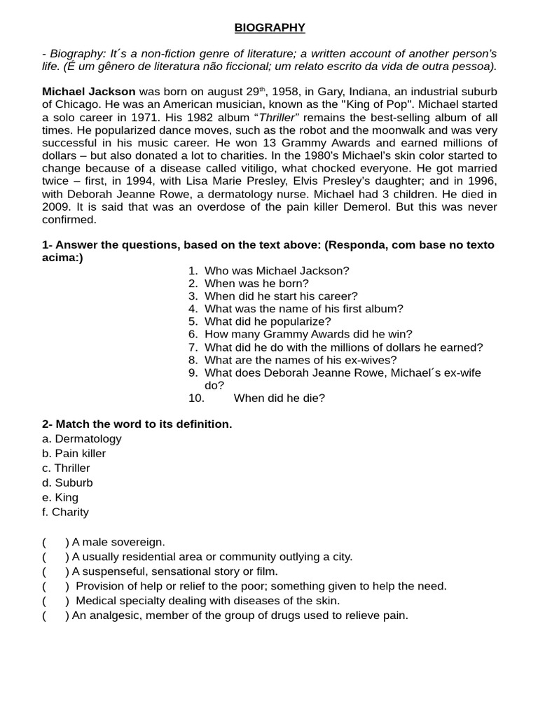 Biography - Michael Jackson - Reading Comprehension and Marks | PDF