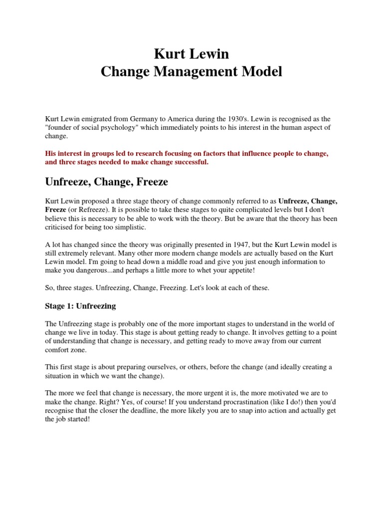 Kurt Lewin Change Management Model | PDF