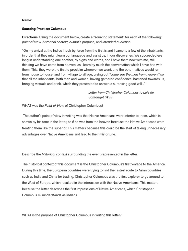 Sourcing Practice - Christopher Columbus | PDF | Christopher Columbus ...