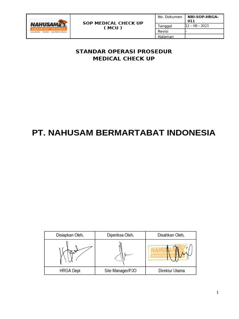 SOP Medical Check Up Karyawan PT Nahusam | PDF