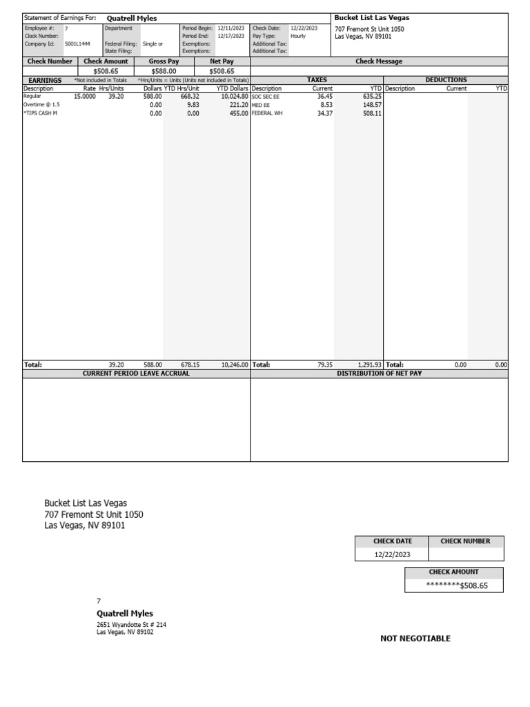 Employee Pay Statement for Quatrell Myles | PDF | Taxes | Government ...