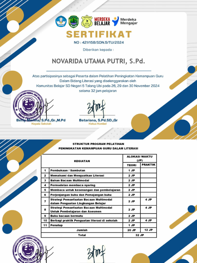 Sertifikat Iht Literasi Novarida Utama Putri | PDF