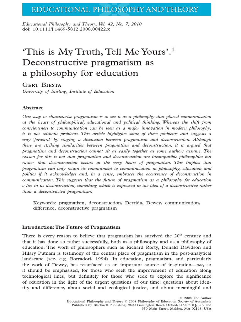 This Is My Truth, Tell Me Yours'. Deconstructive Pragmatism As A ...