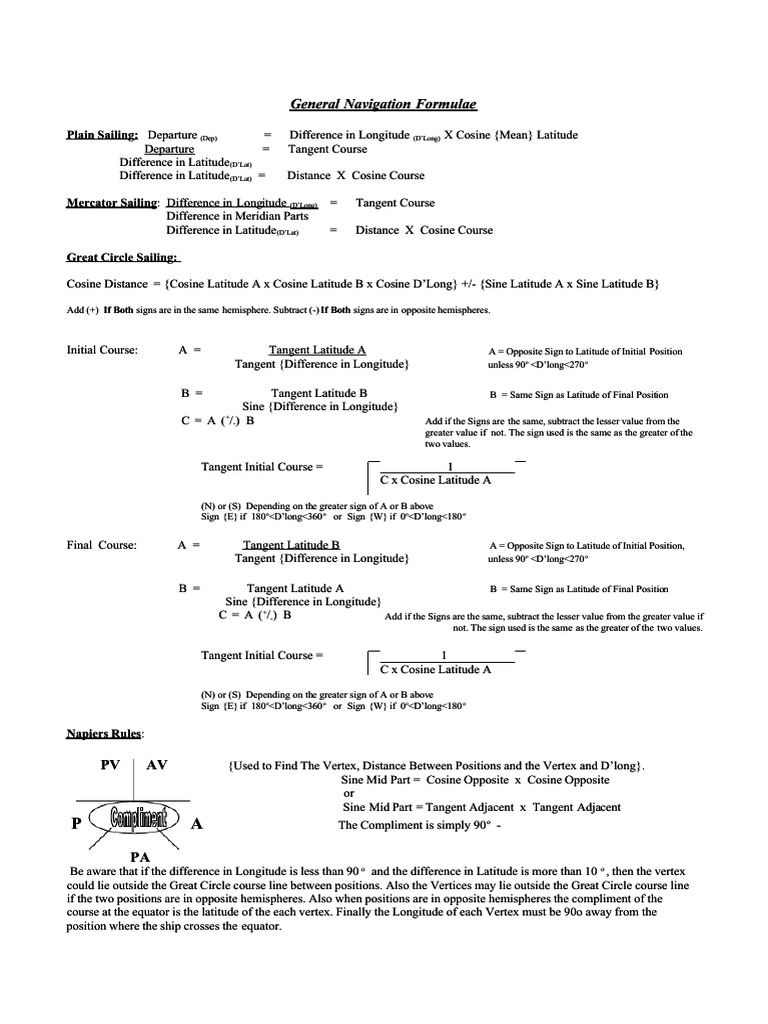 Essential Navigation Formulae Guide | PDF | Latitude | Trigonometric ...