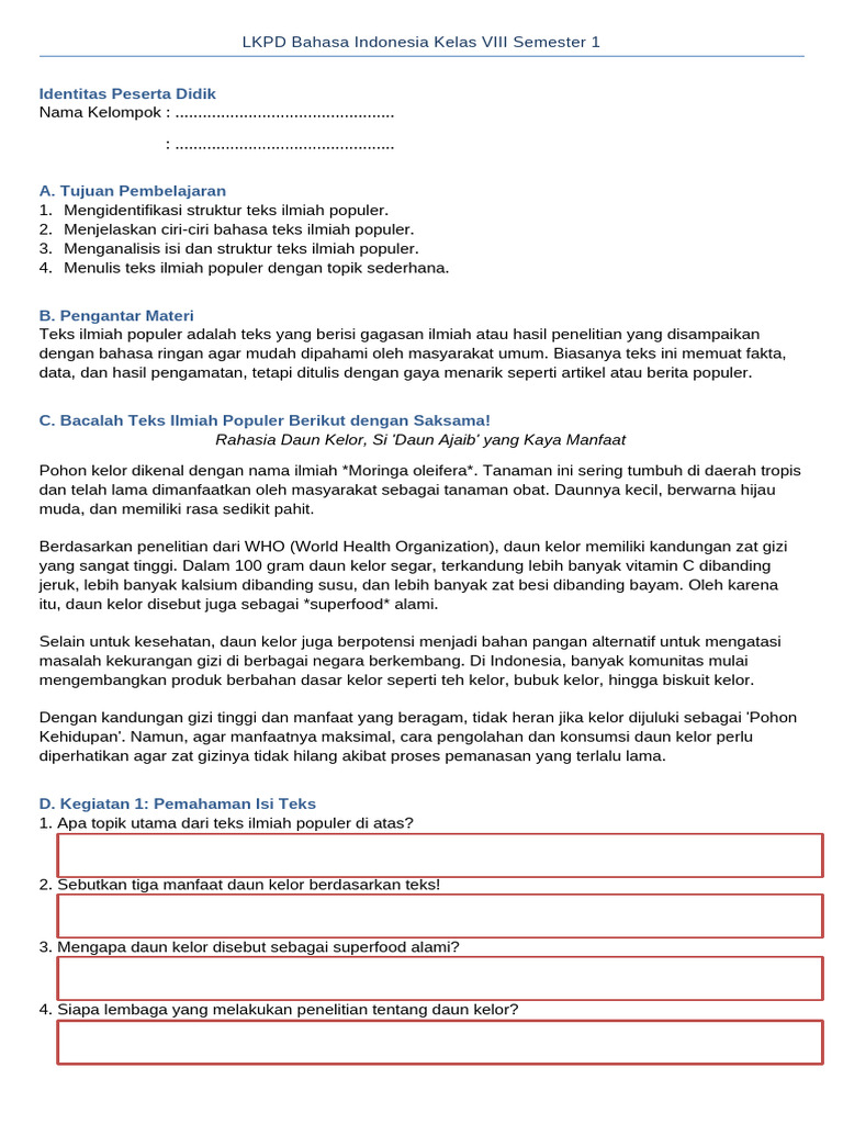 LKPD Teks Ilmiah Populer Kelas 8 | PDF