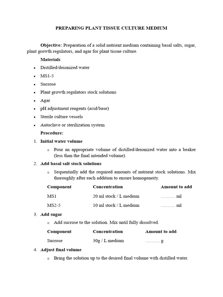 Plant Tissue Culture Medium Preparation | PDF | Agar | Purified Water