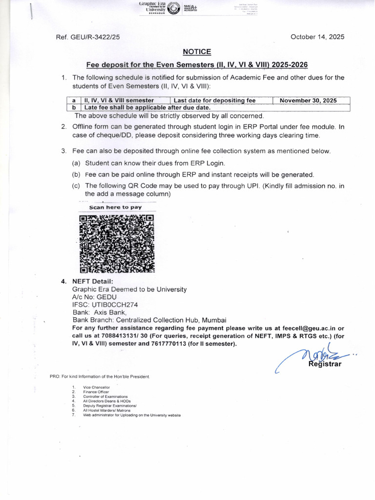 Fee Submission Notice For Even Semesters 2025-26 | PDF