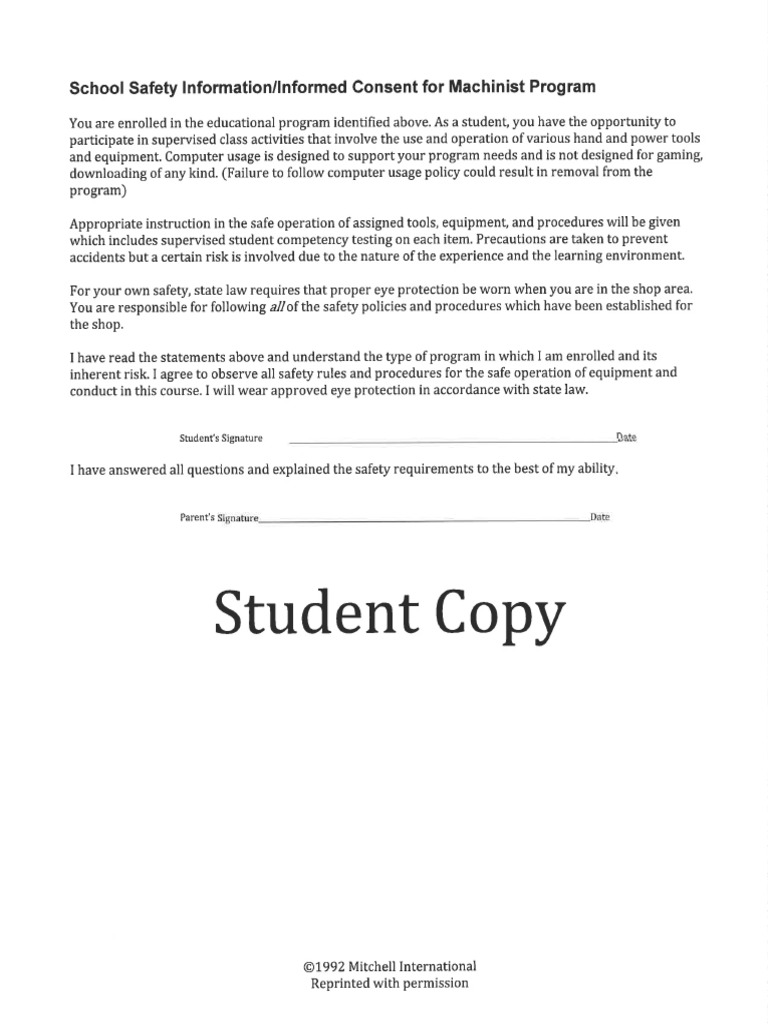 School Safety Information Informed Consent For Machinist | PDF