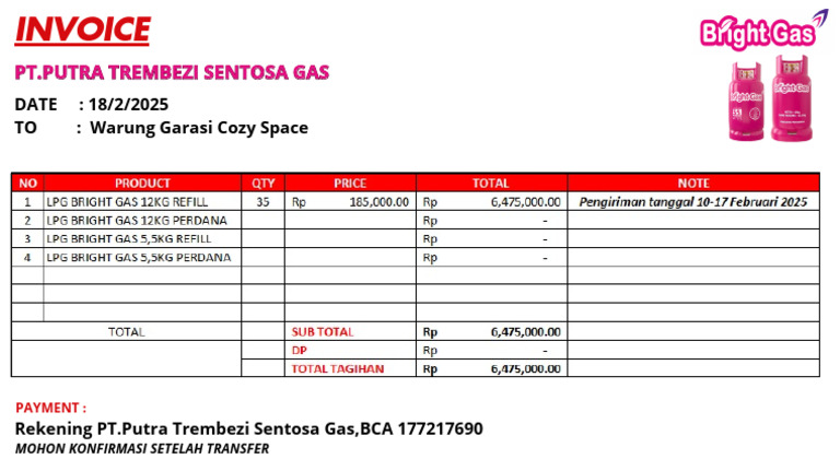 Invoice PT - Putra Trembezi Sentosa Gas | PDF
