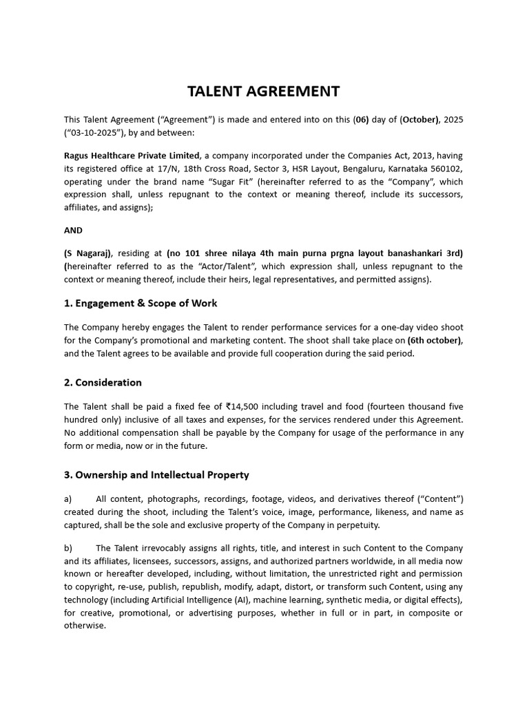 Talent Agreement for Video Shoot | PDF | Indemnity | Business Law