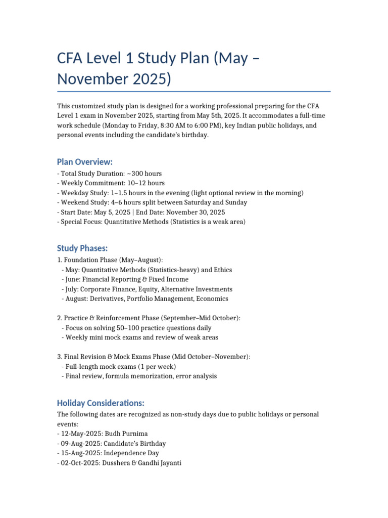 CFA Level 1 Study Plan for 2025 | PDF