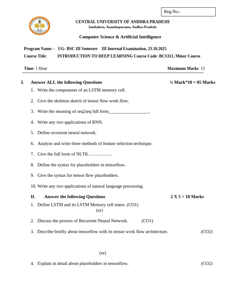 Deep Learning Exam Questions BCS311 | PDF | Artificial Intelligence ...