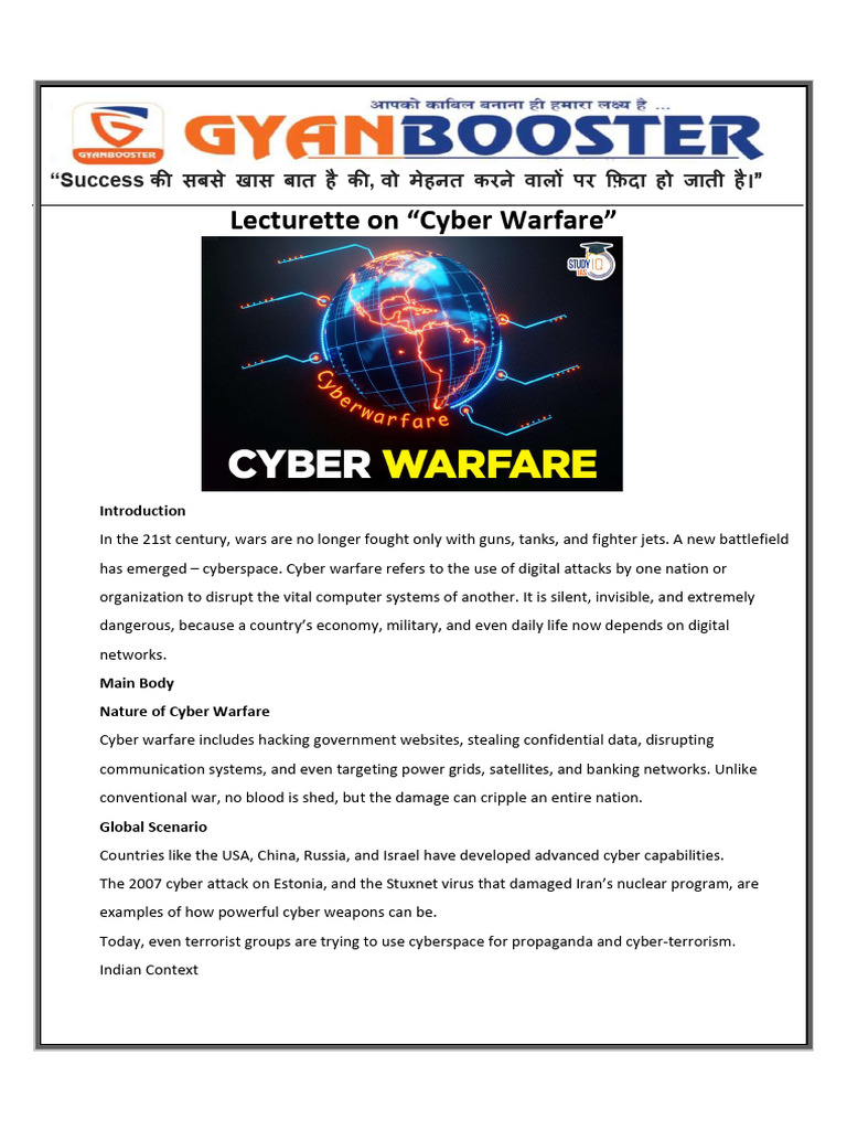 Lecturette On "Cyber Warfare | PDF | Security | Cyberwarfare