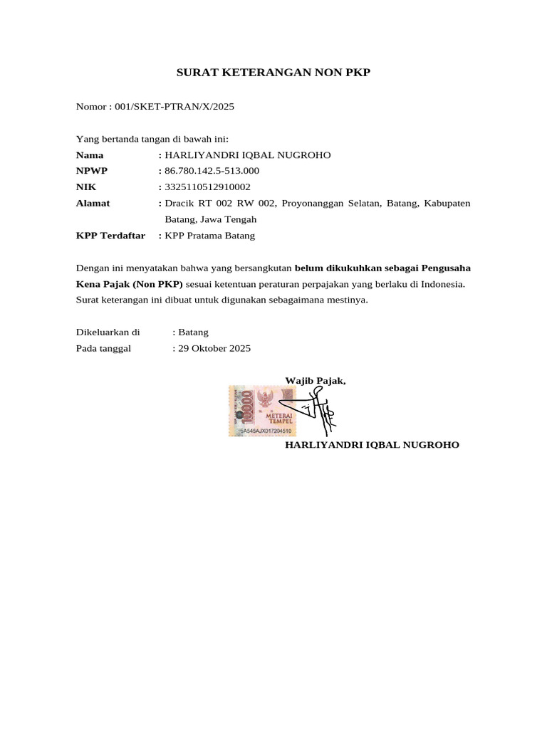 Surat Keterangan Non PKP 2025 | PDF
