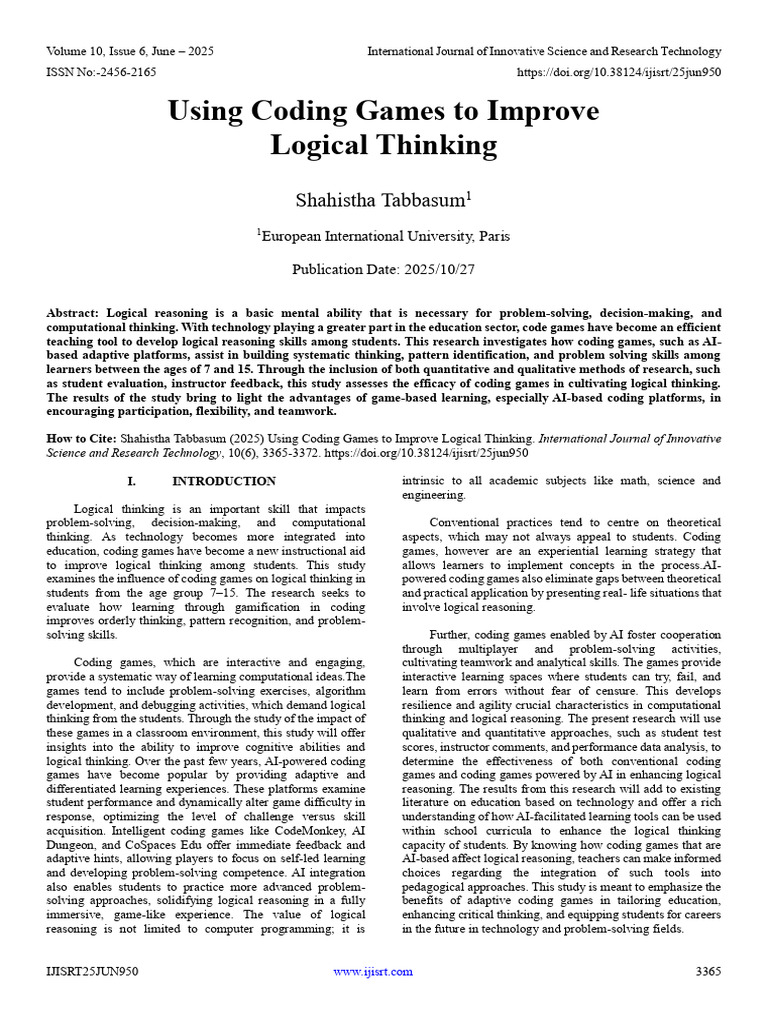 Using Coding Games To Improve Logical Thinking | PDF | Survey ...