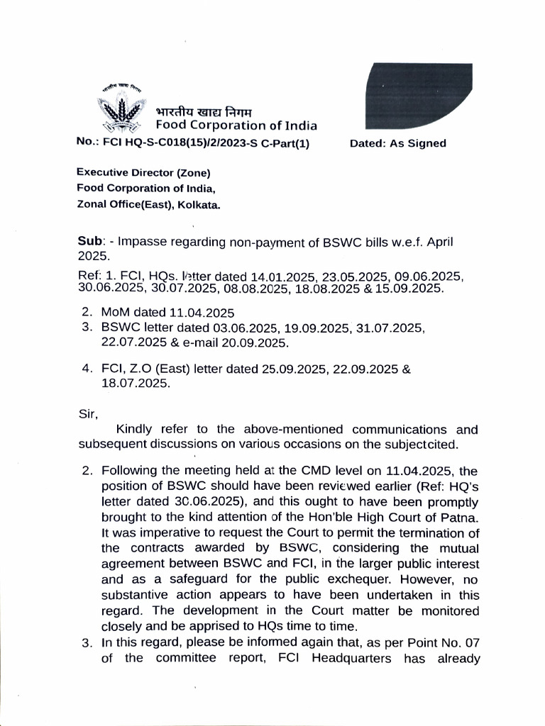 HQ Letter Dated 13.10.2025 BSWC | PDF