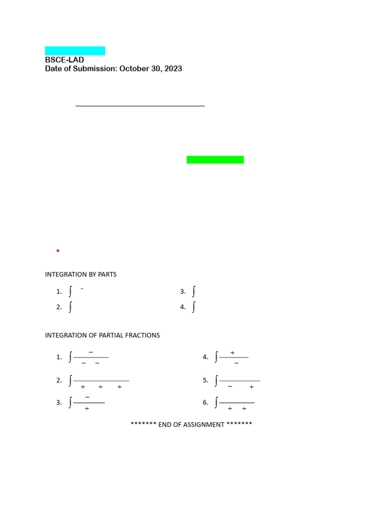 ASS 3 CE LAD Int. by Parts Partial Fractions | PDF