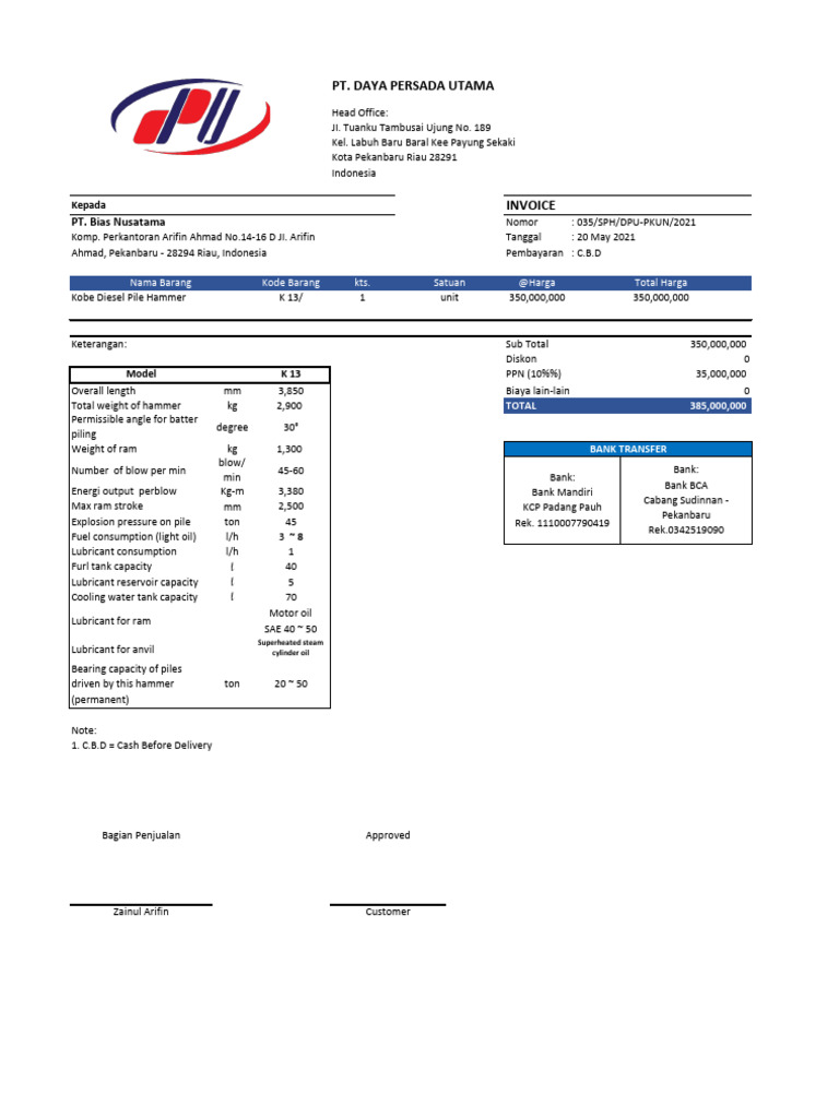 Invoice for Kobe Diesel Pile Hammer | PDF | Engines | Energy Technology